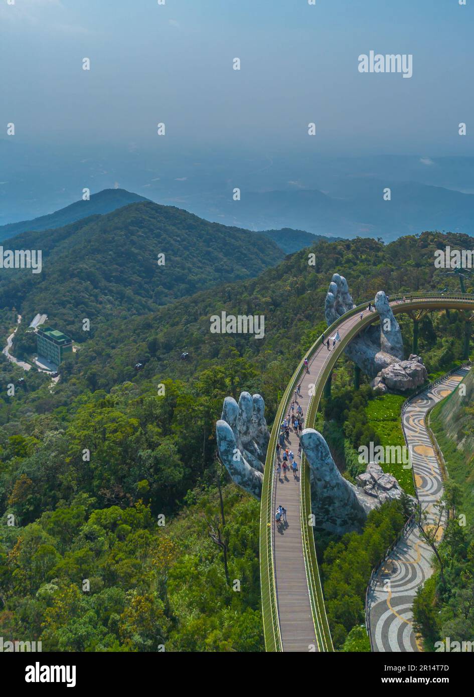 Aerial view of the Golden Bridge in Ba Na hills, Da Nang, Vietnam ...