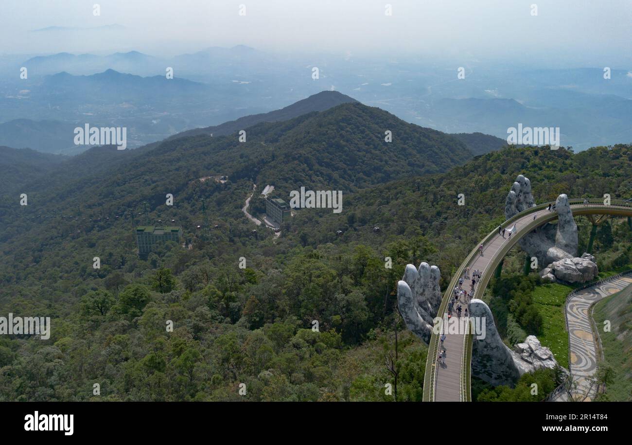 Aerial view of the Golden Bridge in Ba Na hills, Da Nang, Vietnam ...