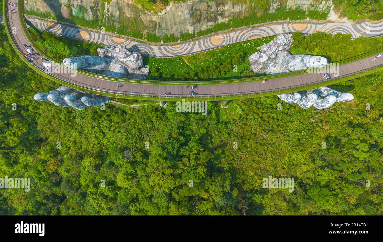 Aerial view of the Golden Bridge in Ba Na hills, Da Nang, Vietnam ...