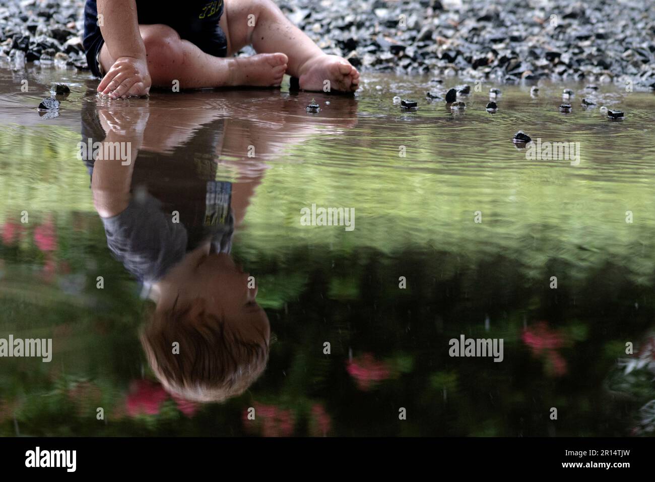 little boy, toddler, reflection in water, sitting in stones near water ...
