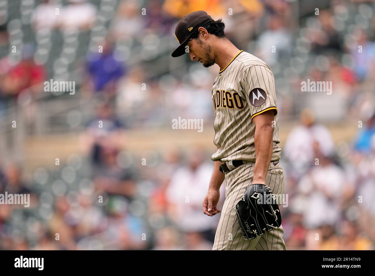 San Diego Padres starting pitcher Yu Darvish reacts after a solo home ...