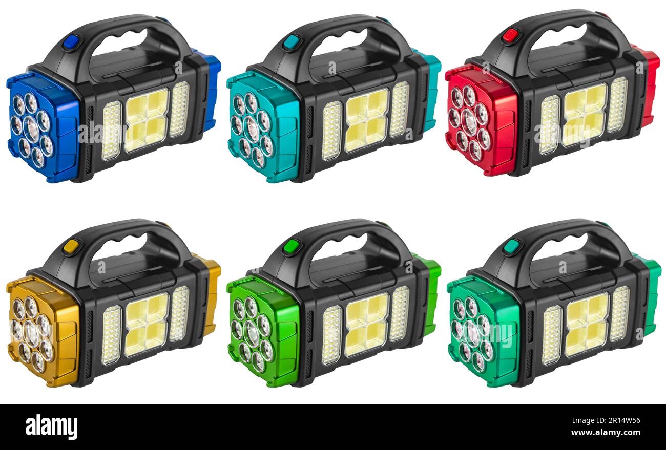 battery-powered flashlight with a handle, on a white background Stock ...