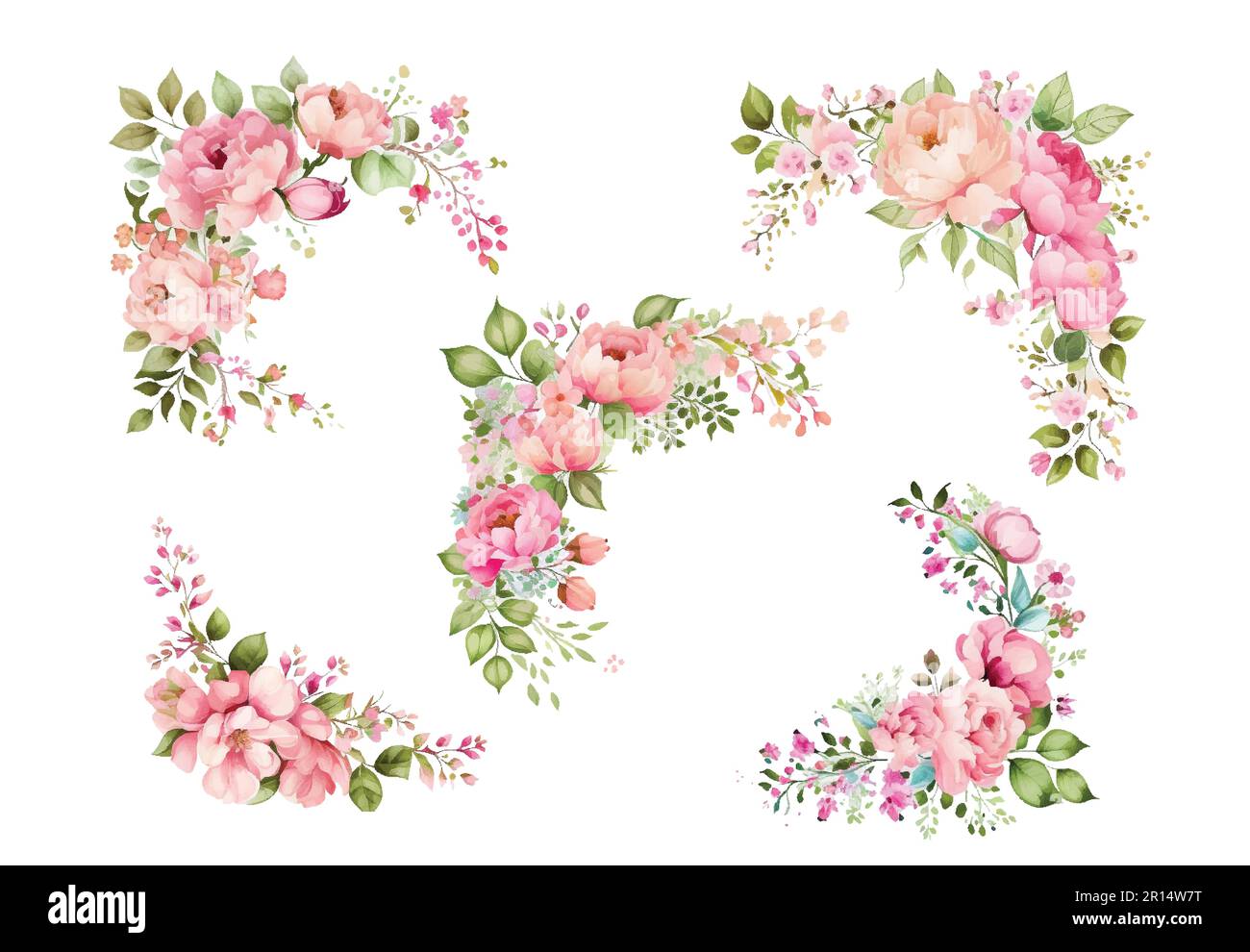 Watercolor pink flowers borders set. Vector vintage style. isoleted and ...