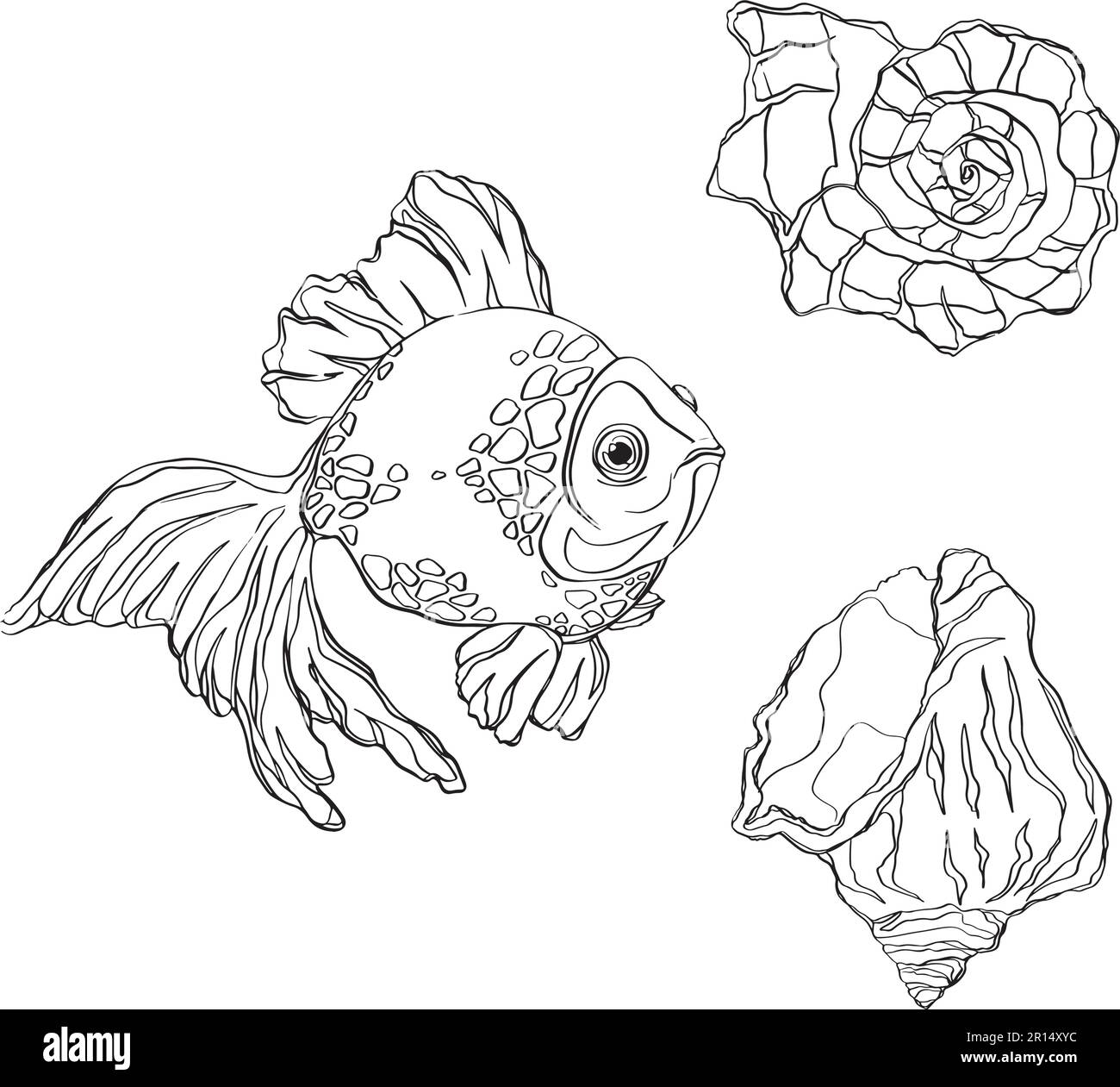 Hand drawn doodle fish, shell. Vector illustration. Hand drawn fish ...