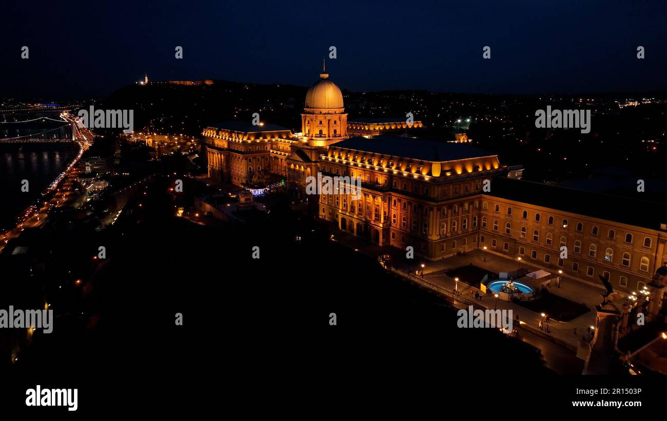 Aerial night view of Buda Castle Royal Palace in Budapest city, Hungary Stock Photo - Alamy