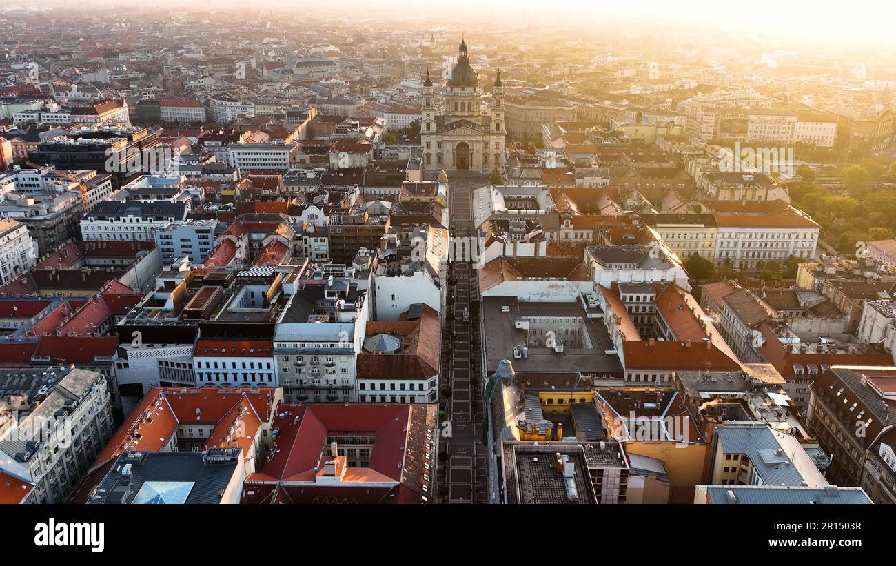 Aerial view of Budapest city skyline and St Stephens Basilica at ...