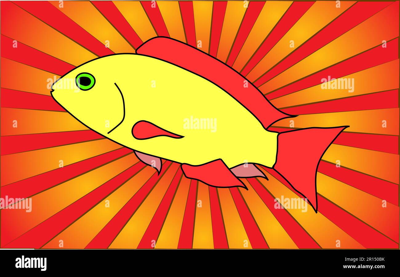 Yellow gold aquarium sea river fish on a background of abstract red ...