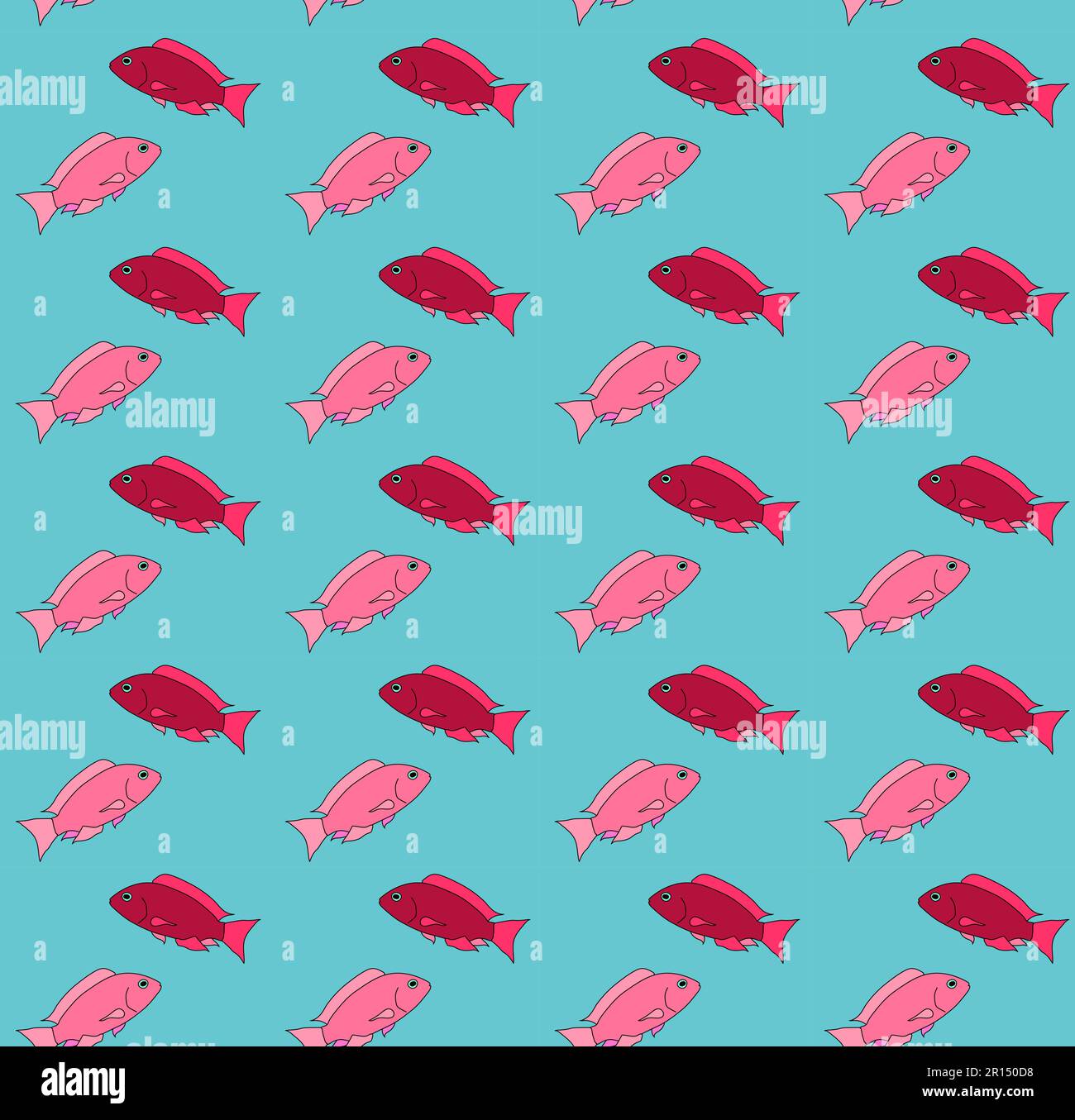 The pattern of red and pink beautiful, drawn, cartoon fish floating in ...