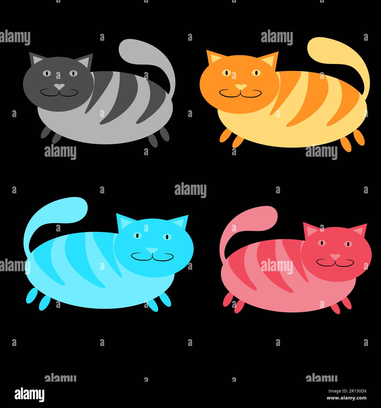 Set of multicolored, pink, blue, red and gray, striped, thick, cats on ...