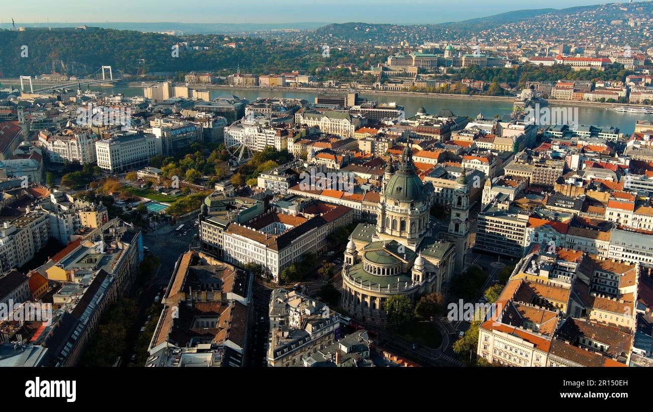 Aerial view of Budapest city skyline and St Stephens Basilica at ...