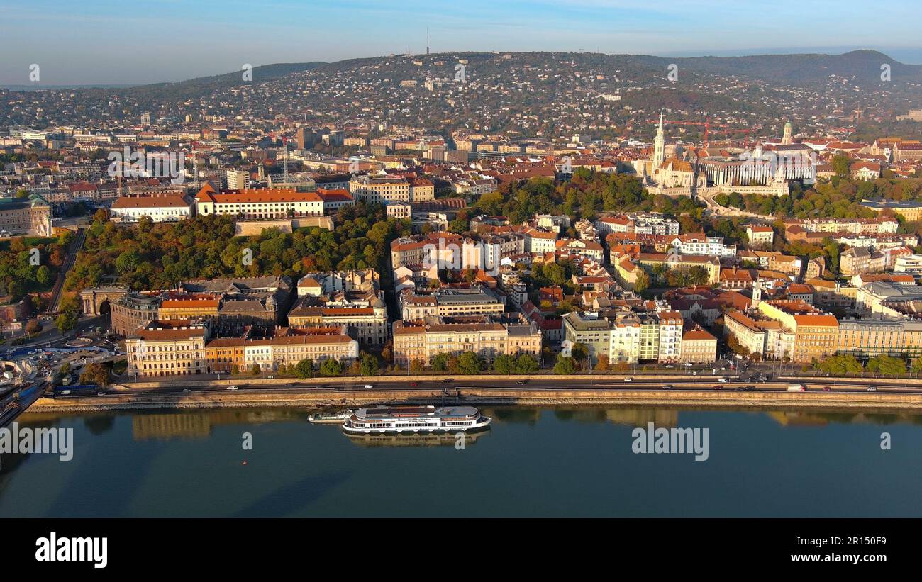 Budapest city sunrise skyline, aerial view. Danube river, Buda side ...