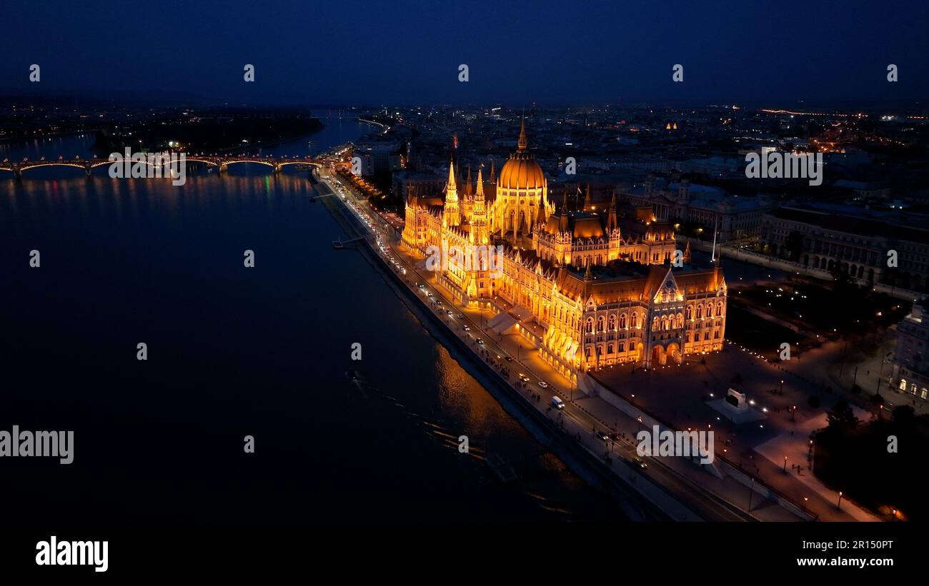 Aerial view of Budapest Hungarian Parliament Building at night. Travel ...