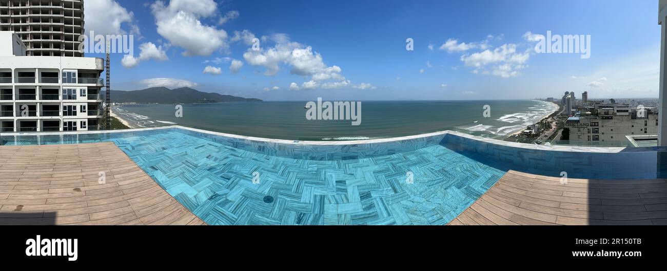 Aerial view of a stunning infinity pool in Da Nang, Vietnam, surrounded ...