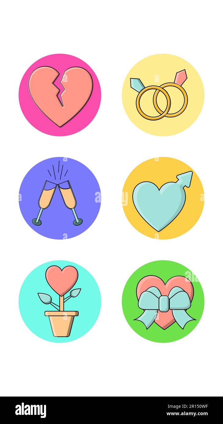 A set of six round icons for a contemporary with love holiday items a ...