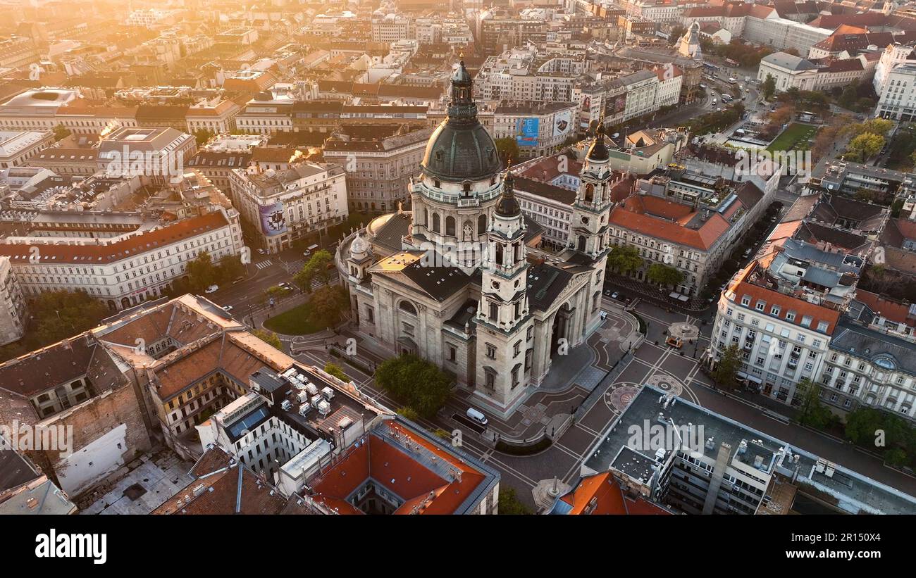Aerial view of Budapest city skyline and St Stephens Basilica at ...