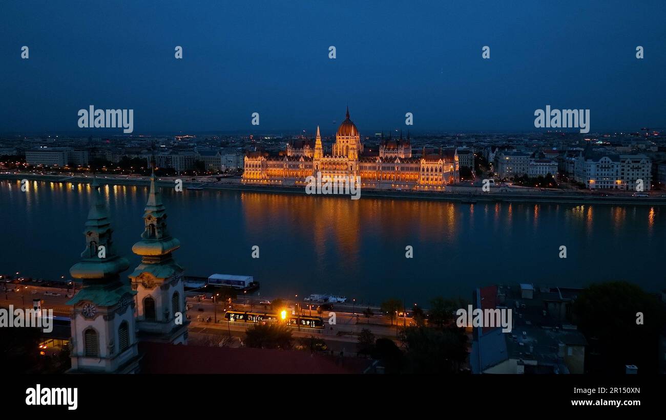 Aerial view of Budapest Hungarian Parliament Building at night. Travel ...