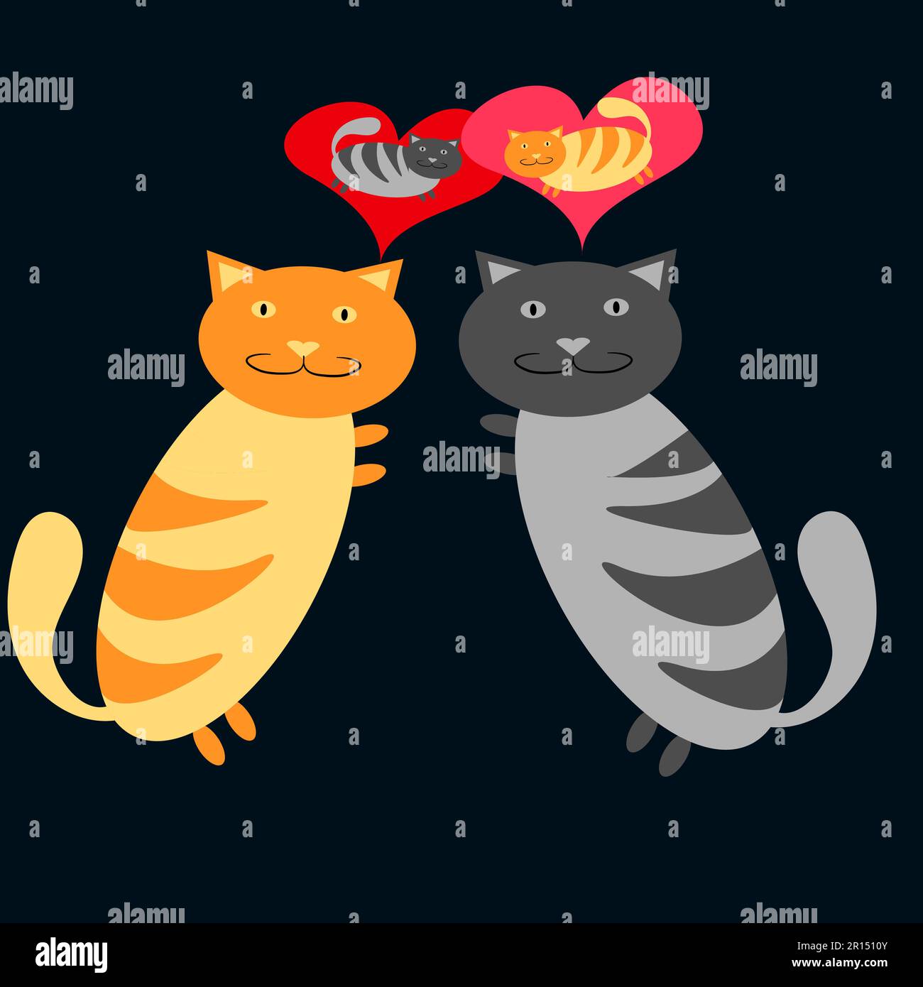 Lovers of a gray cat and a red cat embrace each other and think about ...