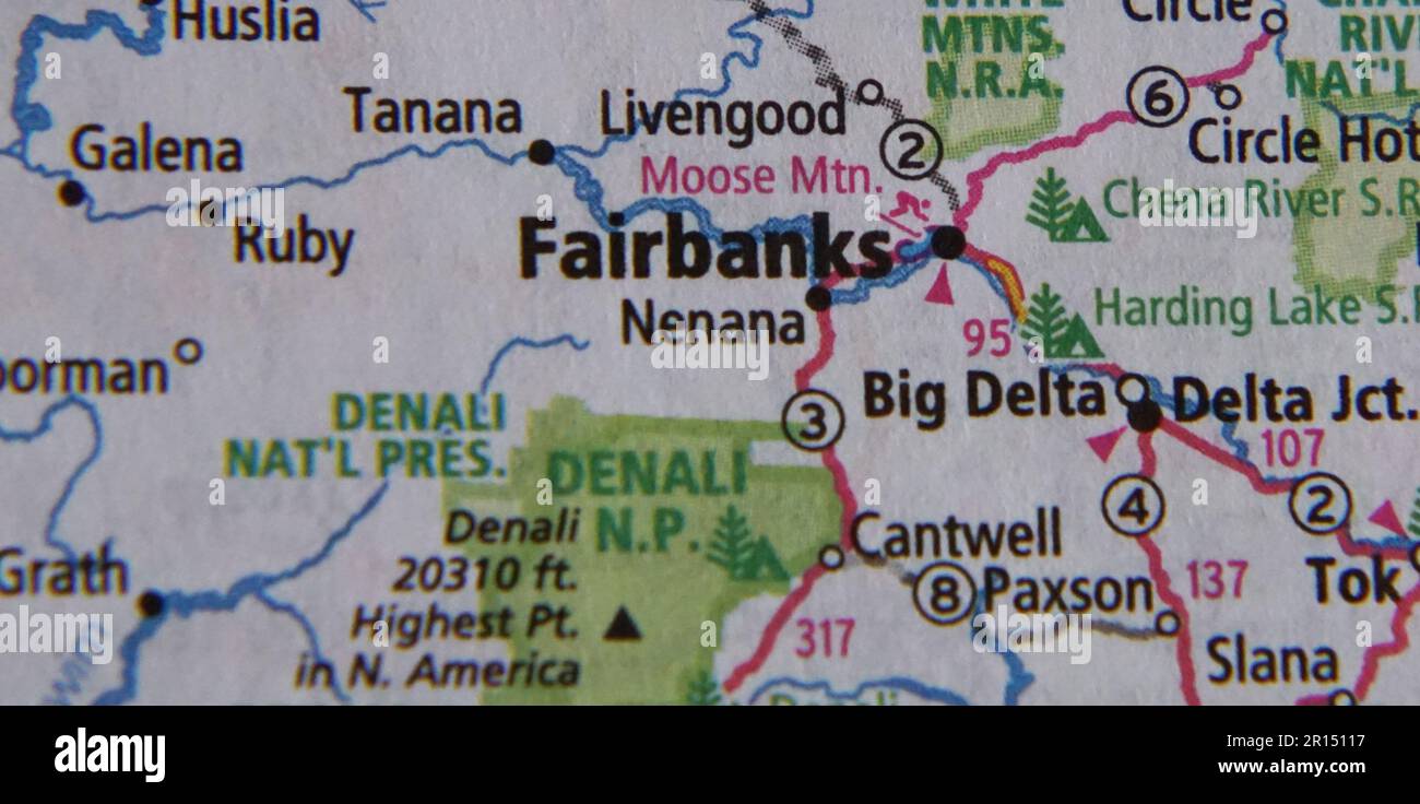 Close-up view of a map of the Fairbanks, Alaska area from a road atlas ...