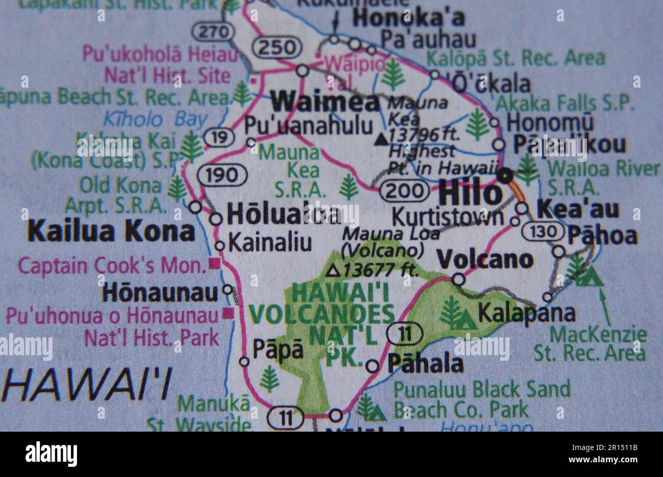 Close-up view of a map of the Island of Hawaii from a road atlas Stock ...
