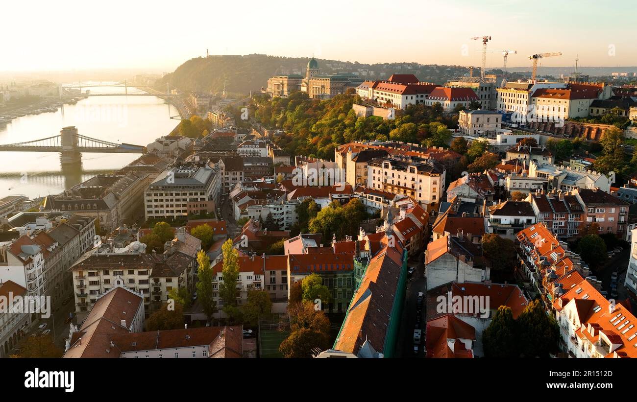 Aerial skyline view of Budapest with Buda Castle Royal Palace and River ...