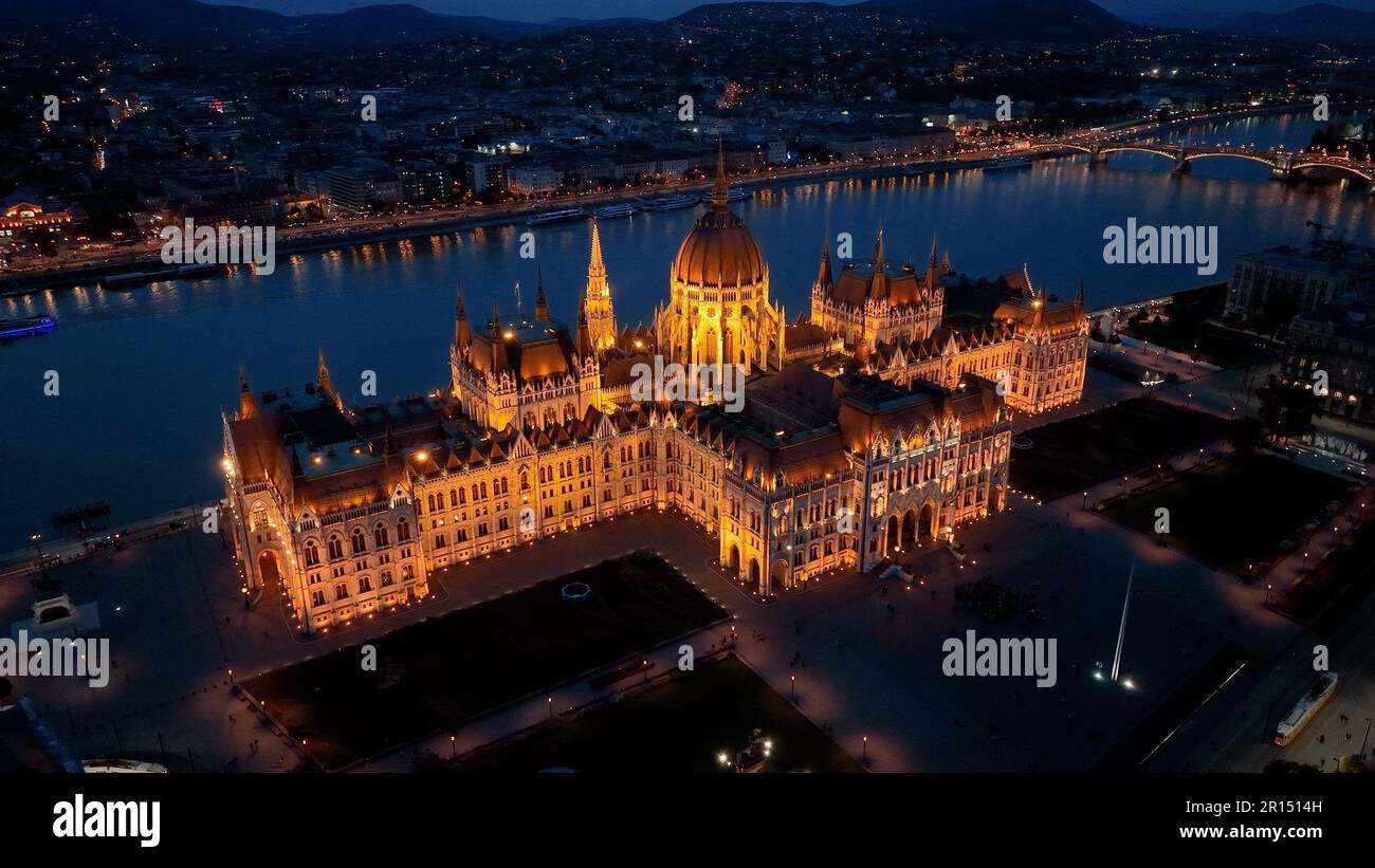 Aerial view of Budapest Hungarian Parliament Building at night. Travel ...