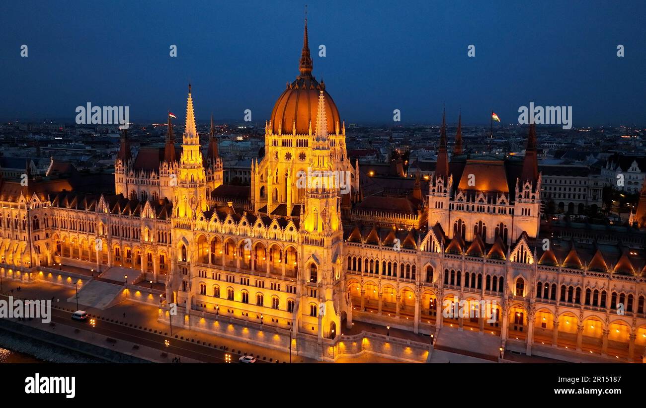 Aerial view of Budapest Hungarian Parliament Building at night. Travel ...