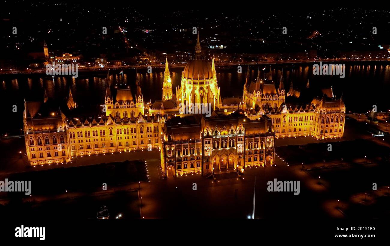 Aerial view of Budapest Hungarian Parliament Building at night. Travel ...