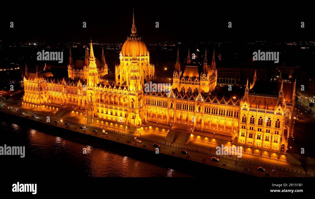 Aerial view of Budapest Hungarian Parliament Building at night. Travel ...