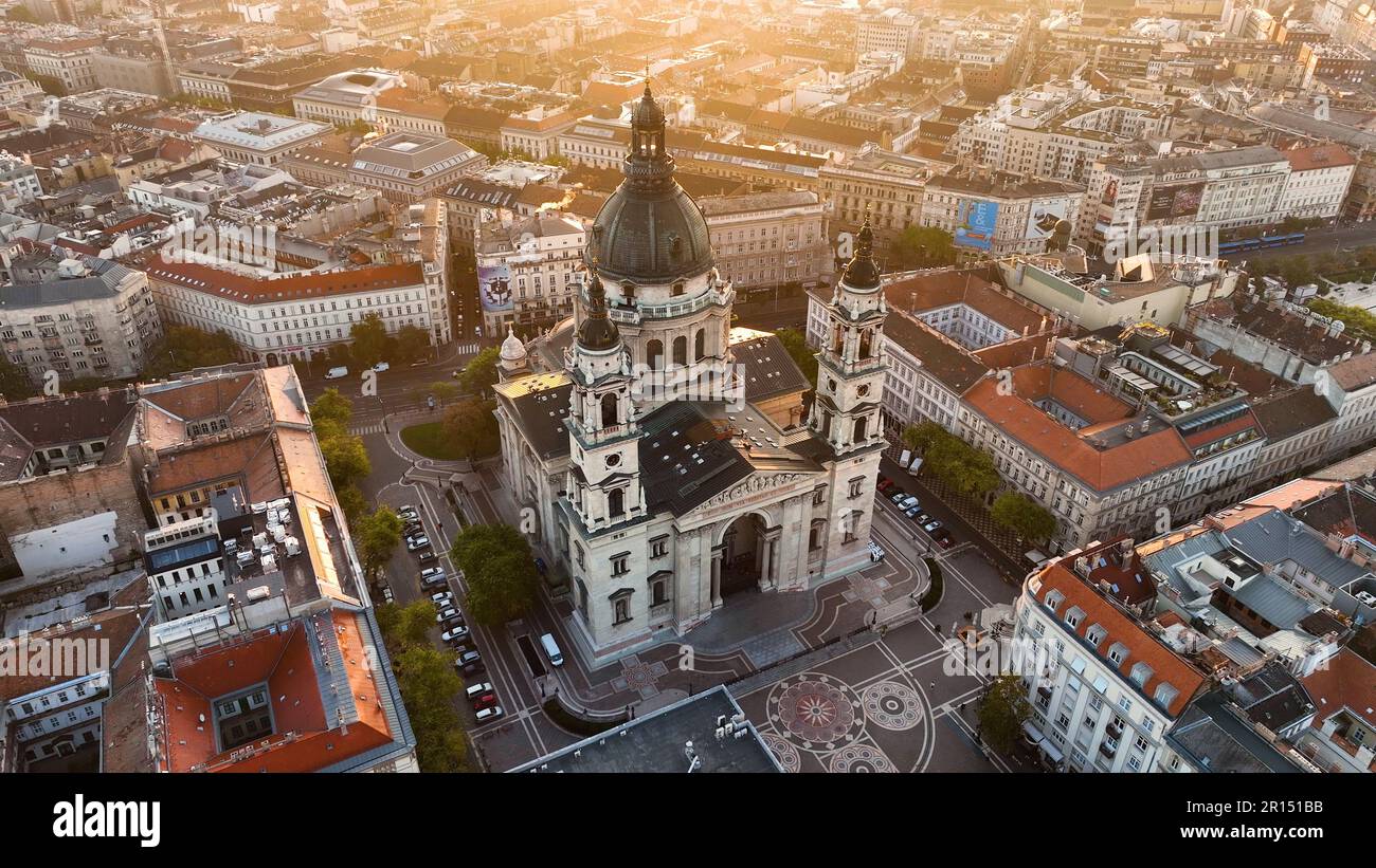 Aerial view of Budapest city skyline and St Stephens Basilica at ...