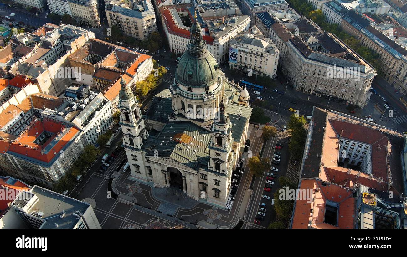 Aerial view of Budapest city skyline and St Stephens Basilica at ...