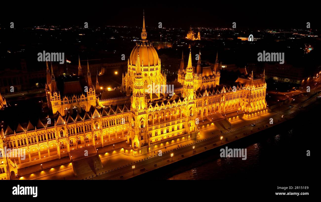 Aerial view of Budapest Hungarian Parliament Building at night. Travel ...