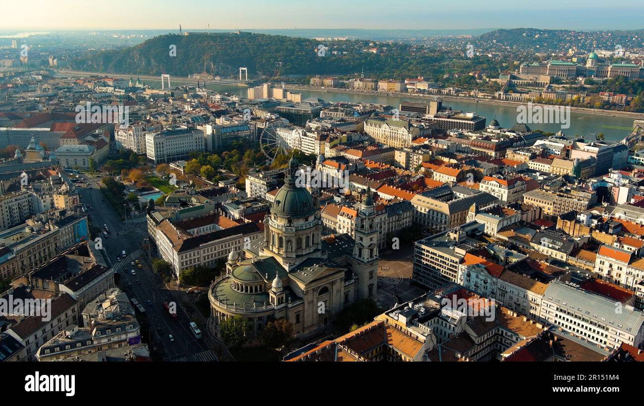 Aerial view of Budapest city skyline and St Stephens Basilica at ...