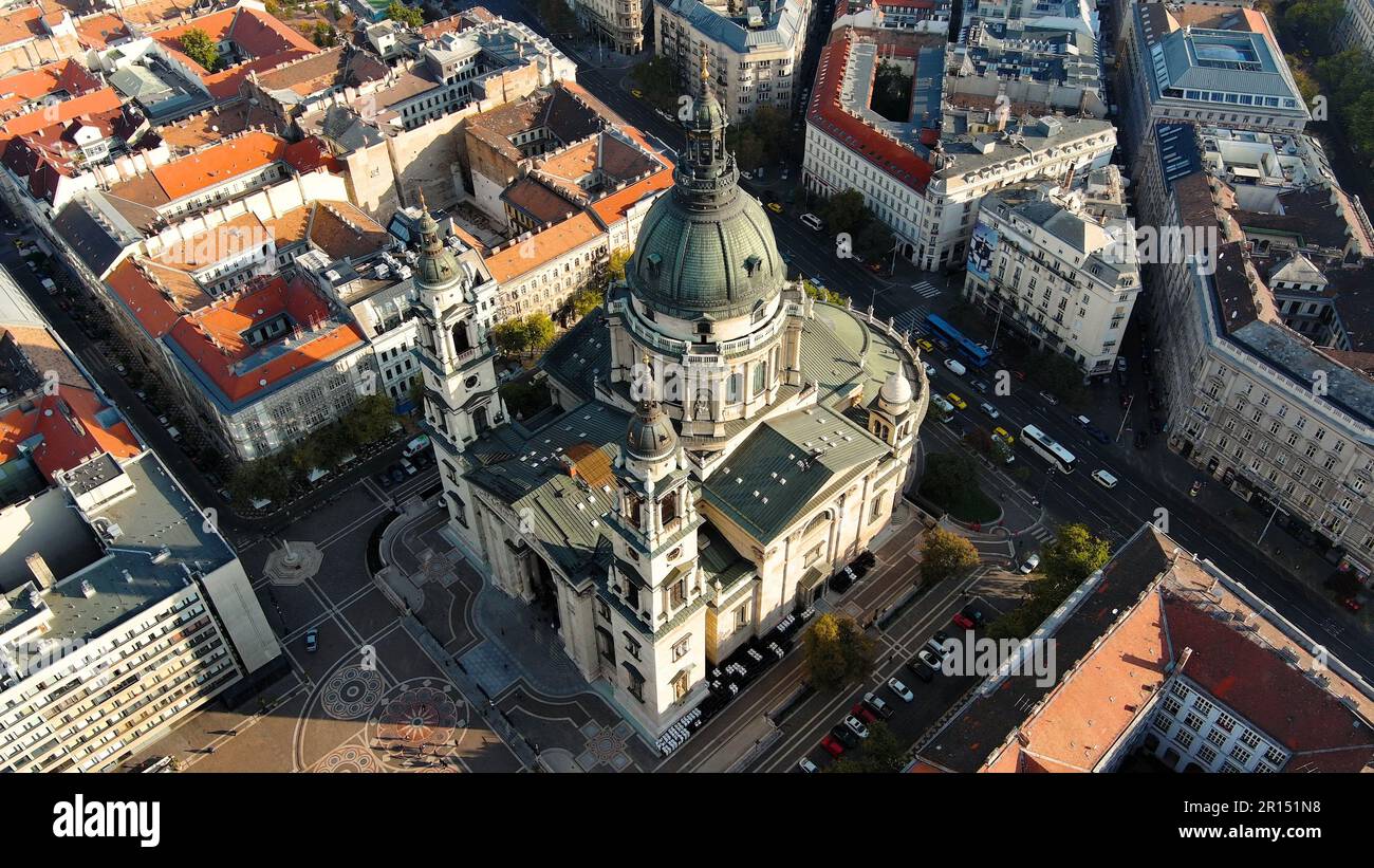 Aerial view of Budapest city skyline and St Stephens Basilica at ...