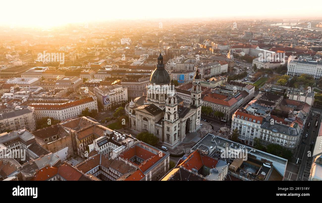 Aerial view of Budapest city skyline and St Stephens Basilica at ...