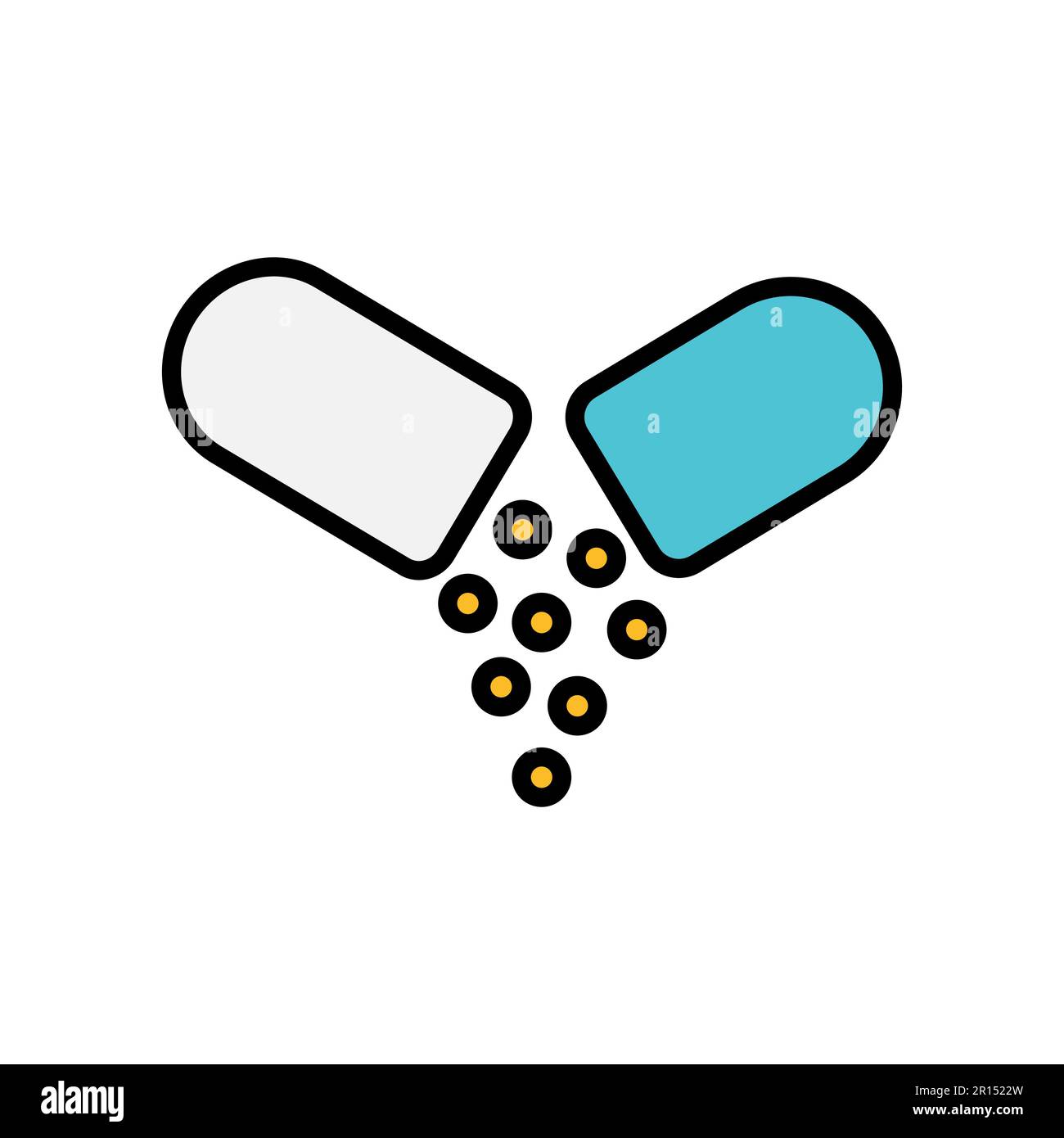 An open small medical capsule pill with pouring in medicine with ...