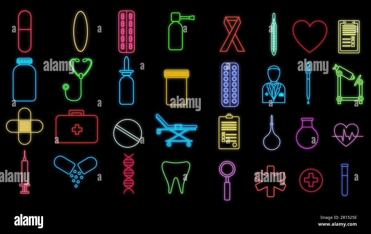 Set of bright luminous multi-colored medical neon signs for a pharmacy ...