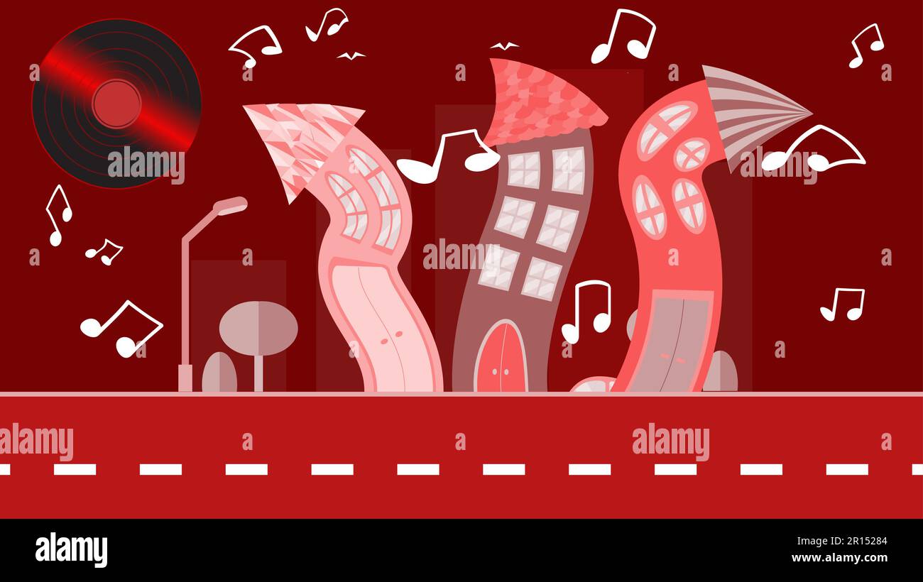 Red abstract dancing city in a flat style with a vinyl plate instead of ...
