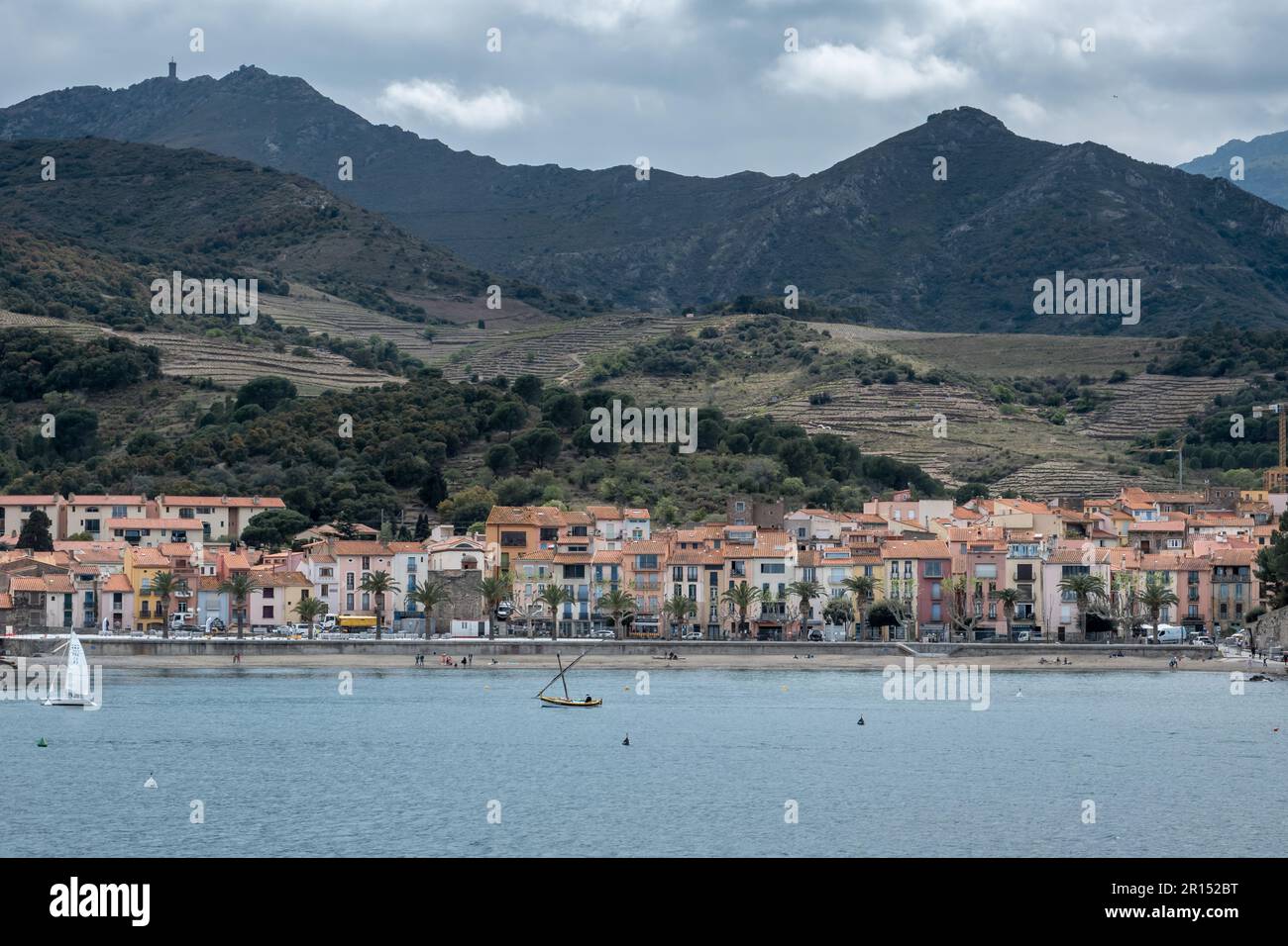 Landscape of the beach in Collioure with the mountains in France Stock ...