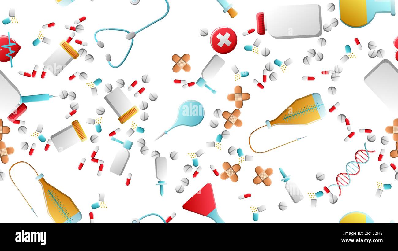 Endless seamless pattern of medical scientific medical items icons jars ...