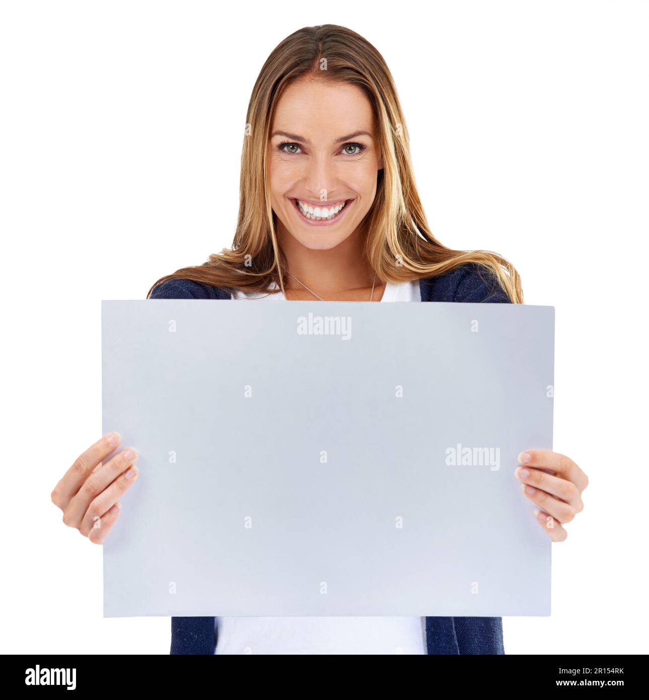 Portrait, poster mockup and woman smile isolated on a white background for presentation, paper ...
