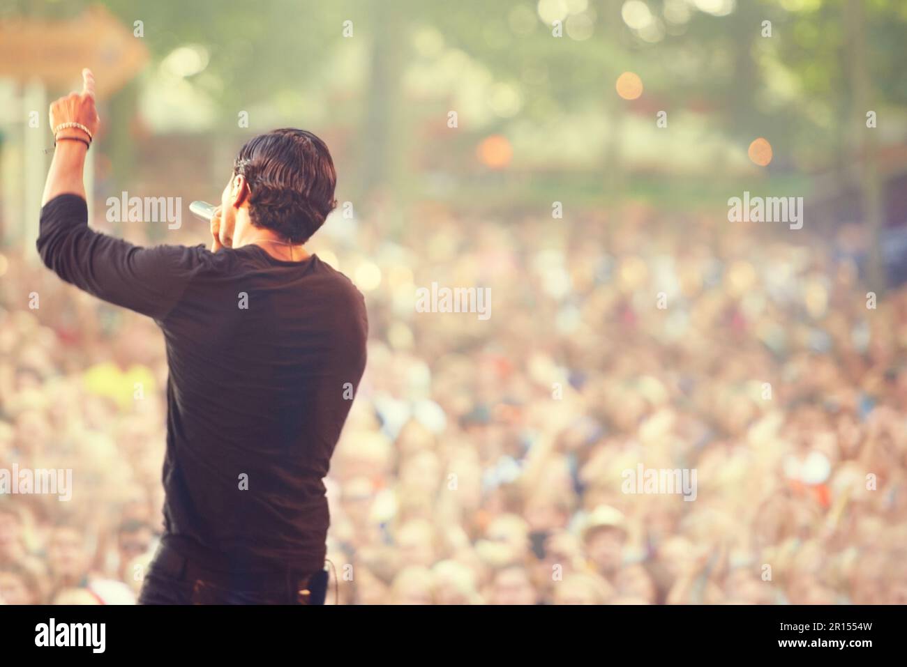 Music, microphone and singer with man at concert for rock festival ...