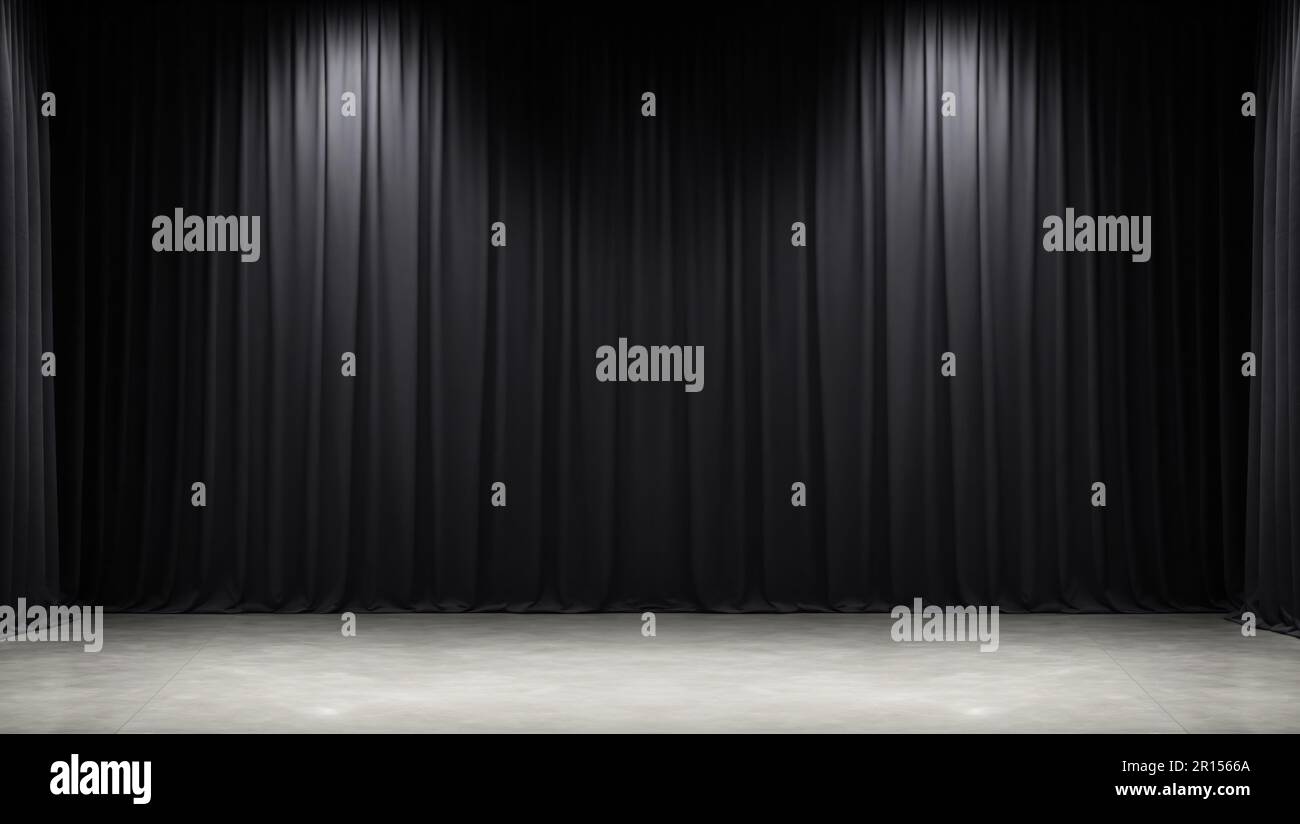 A stone floor stage with a black curtain background and spotlights for ...