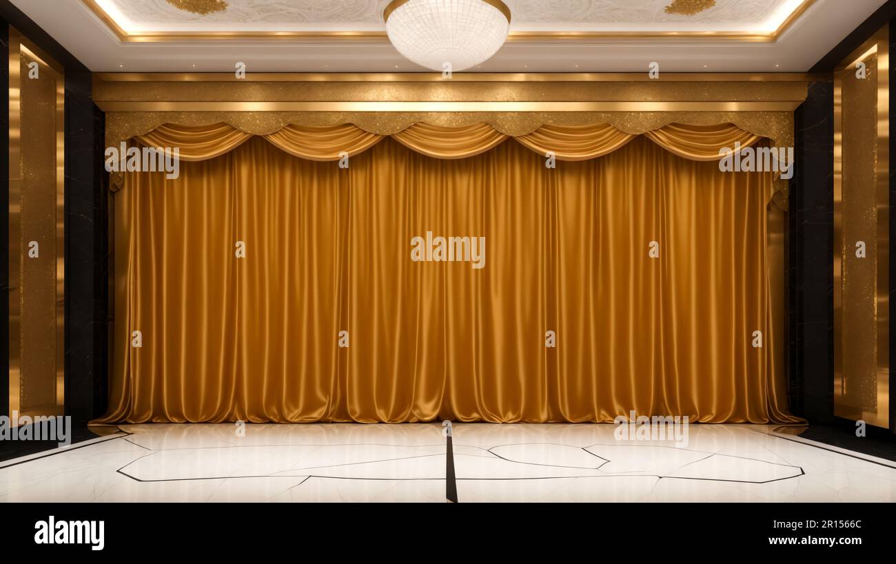 A marble floor stage with a golden curtain background and spotlights ...