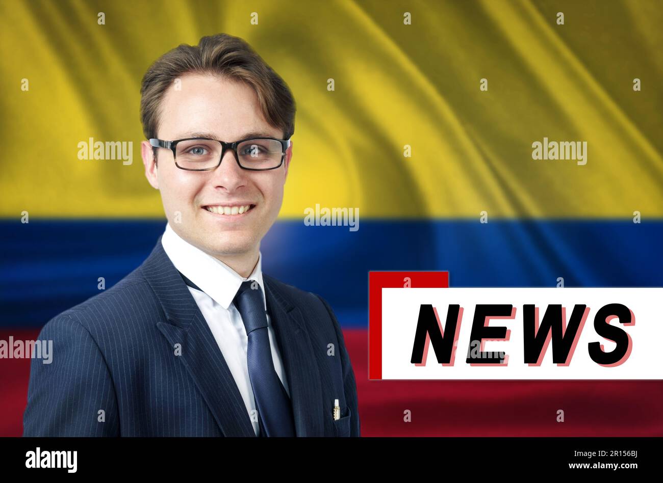 News anchor, tells the latest news, smiling, against the background of ...