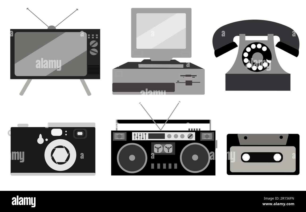 black and white set of retro electronics, technology. Old, vintage ...