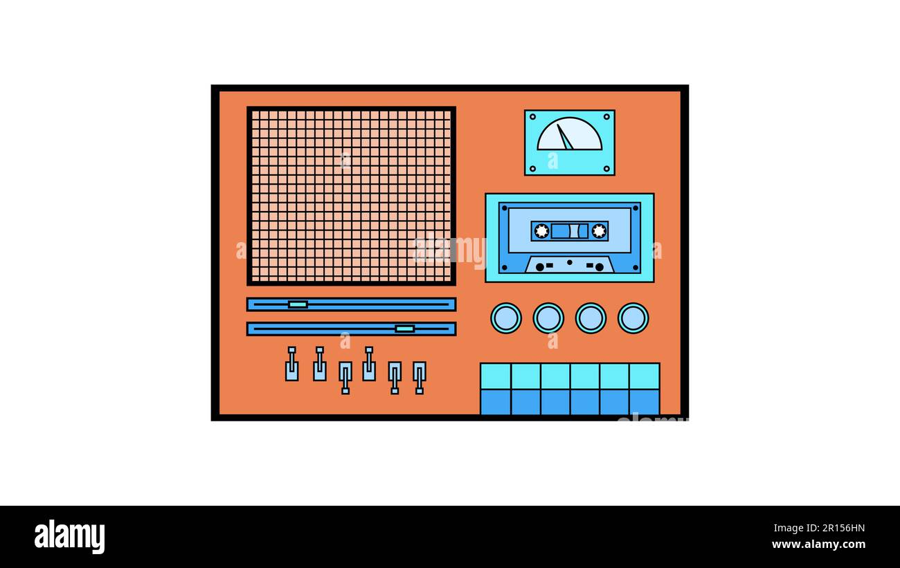 Old retro vintage music cassette tape recorder with magnetic tape on reels and speakers from the ...