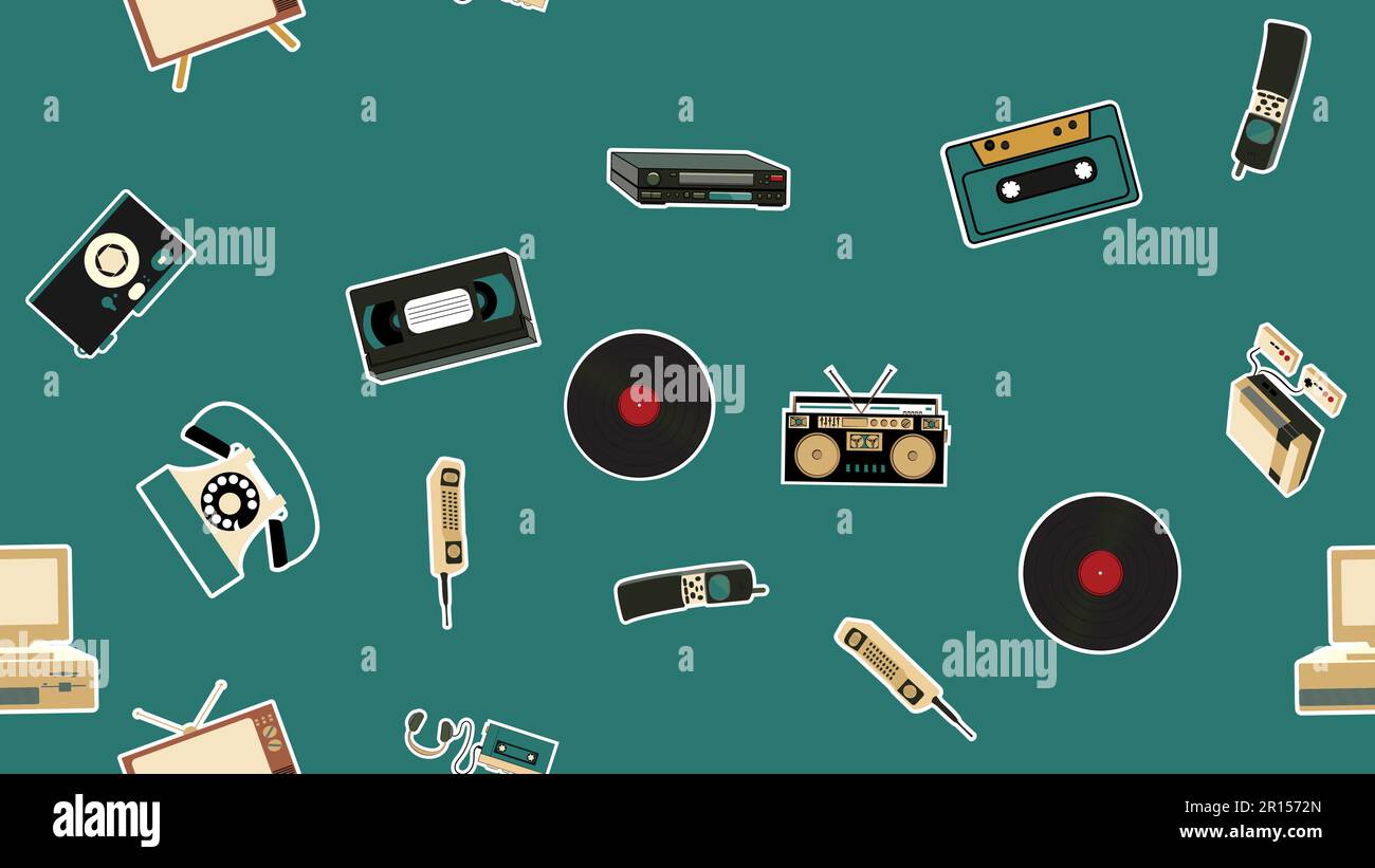 Texture, seamless pattern of old retro hipster electronics stickers, tv ...
