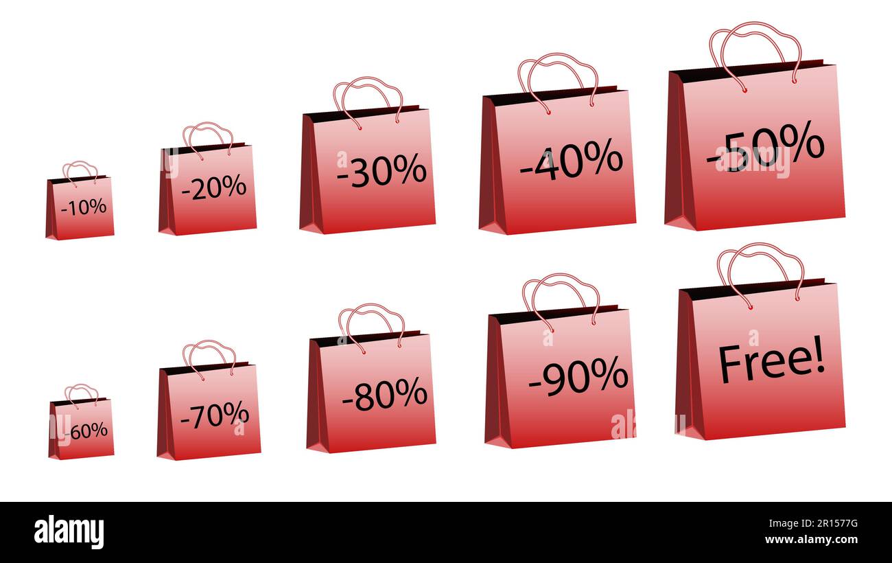 A set of ten red increasing sizes of paper bags for purchases with rope ...