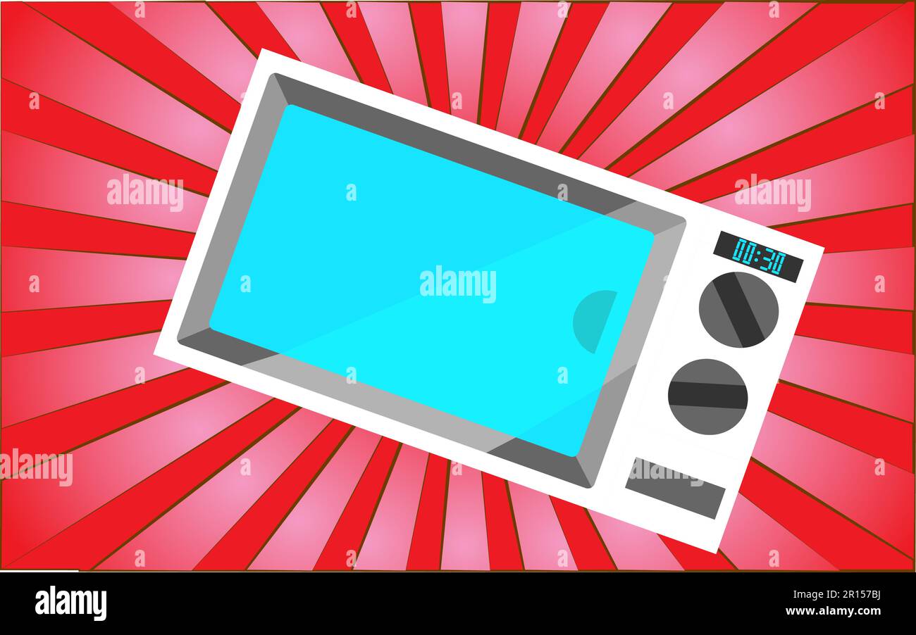 Kitchen white microwave on a background of abstract red rays. Vector ...