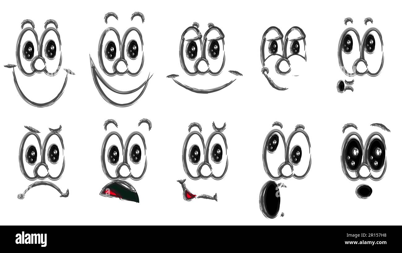 Various black and white emotions: joy, smile, anger, delight ...